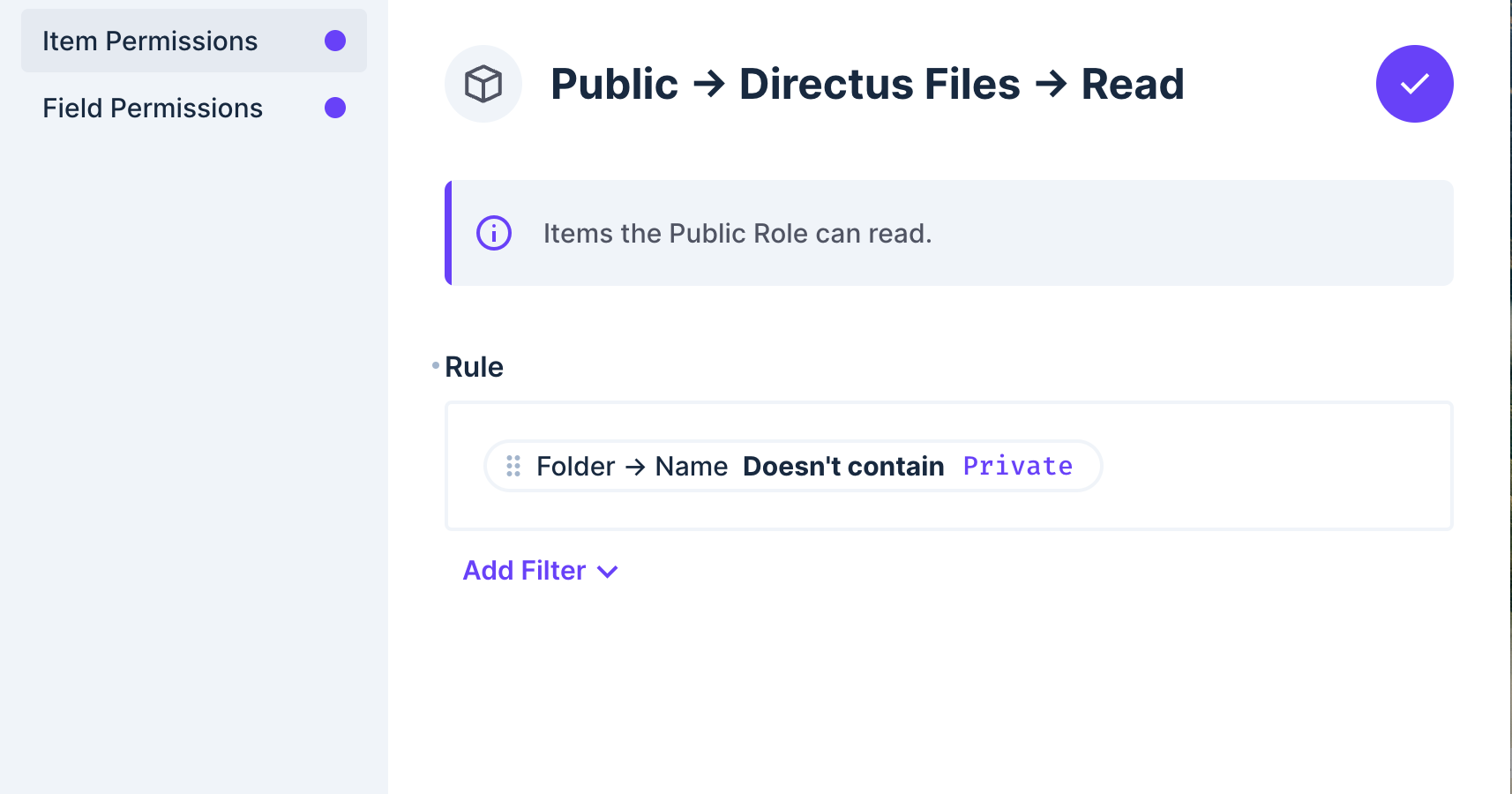Directus_files item permissions Rule - Filter not working as expect w/ folder name does not ...