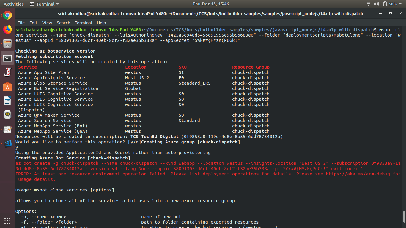 msbot clone services fails at Creating Azure Bot Service - ERROR: At least one resource ...