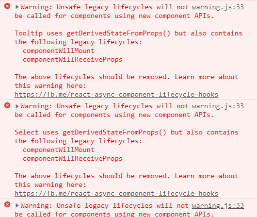 Tooltip uses getDerivedStateFromProps() but also contains the following legacy lifecycles ...