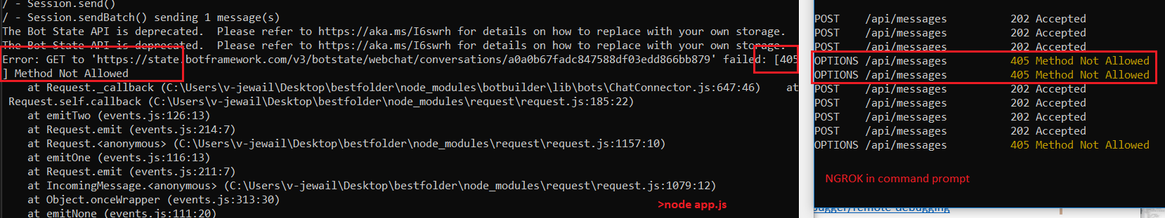 Messaging bot via Webchat works, but messaging via FB results in cryptic [400] bad request error ...