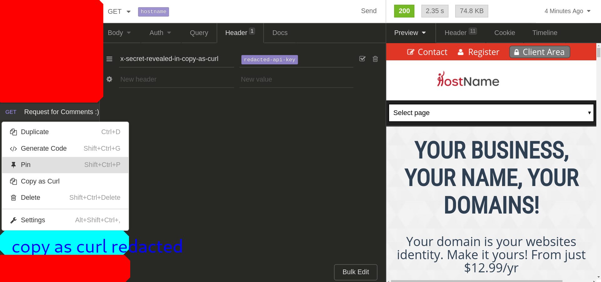 [FEATURE REQUEST] Copy as cURL redacted or managing redacted at environment variable level ...