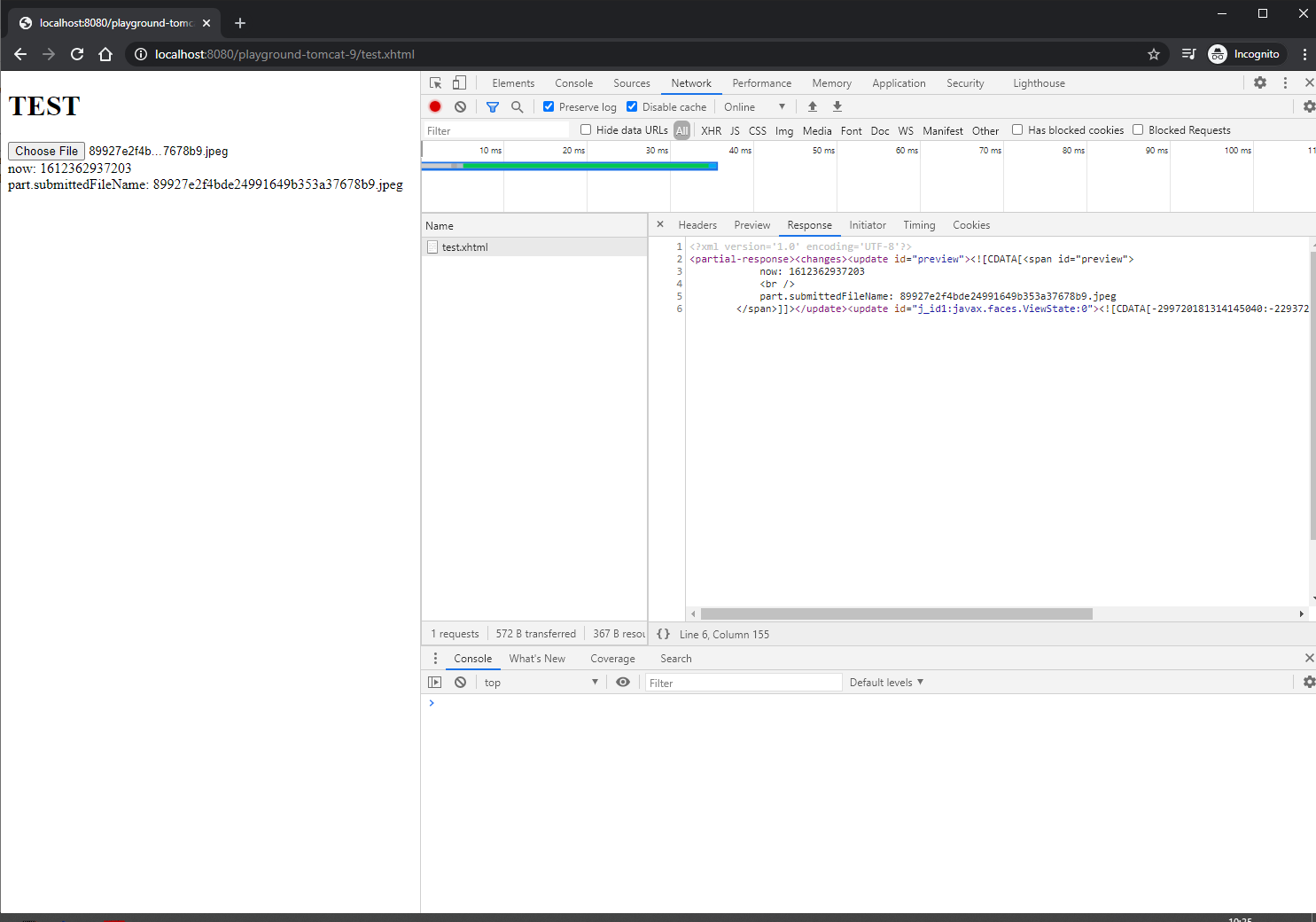 h:inputFile + f:ajax malformedXML: Top level node must be one of: changes, redirect, error ...