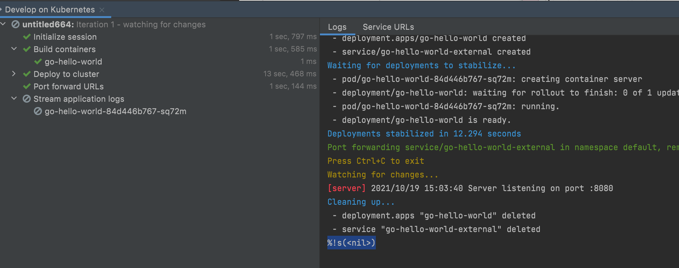 `%!s( )\n` printed at termination of dev session · Issue #6747 · GoogleContainerTools/skaffold ...