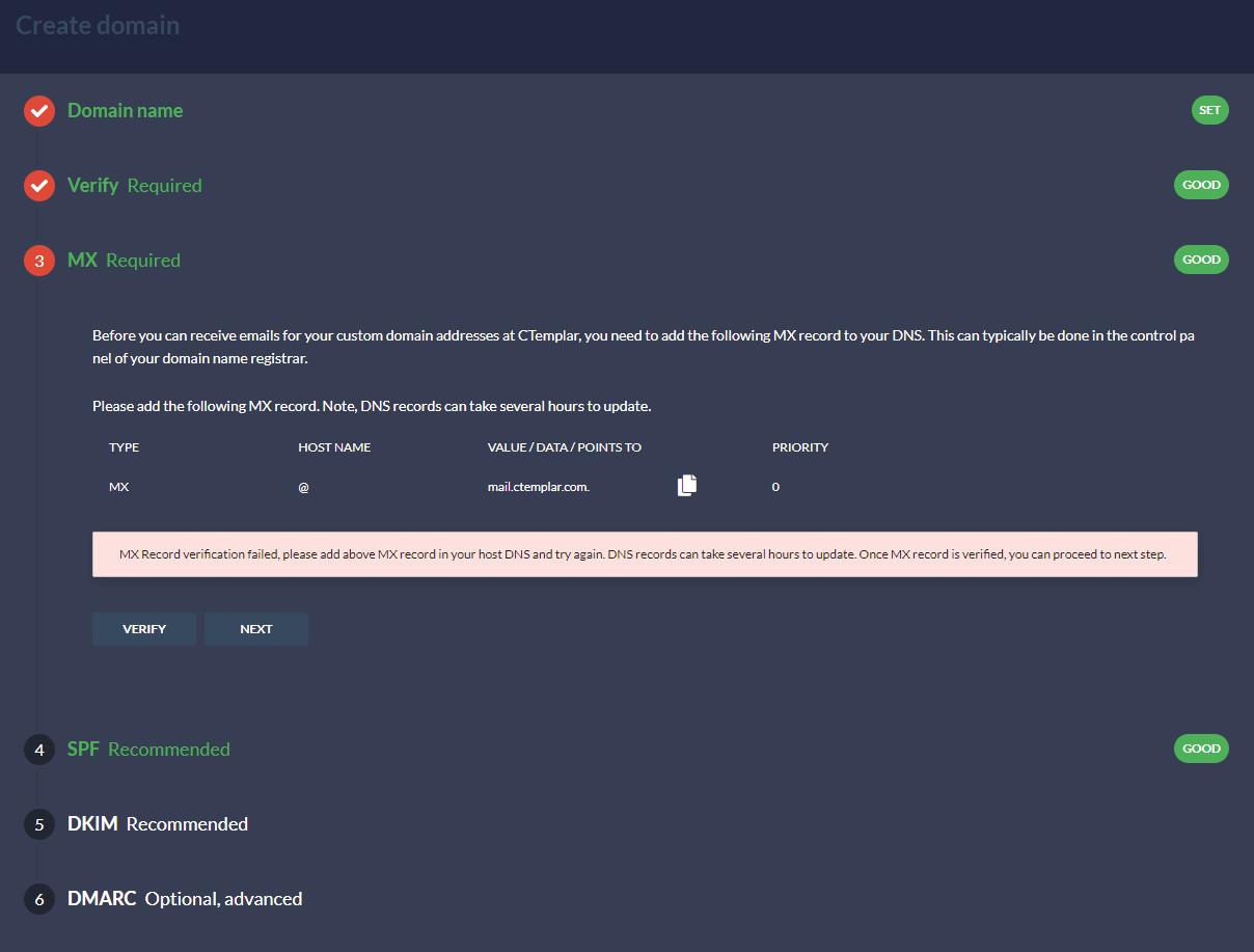 Unable to configure custom domain past MX record · Issue #1657 · CTemplar/webclient · GitHub