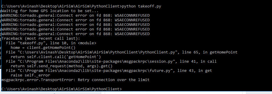 Unable to connect Python Client with the AirSim server · Issue #278 · microsoft/AirSim · GitHub