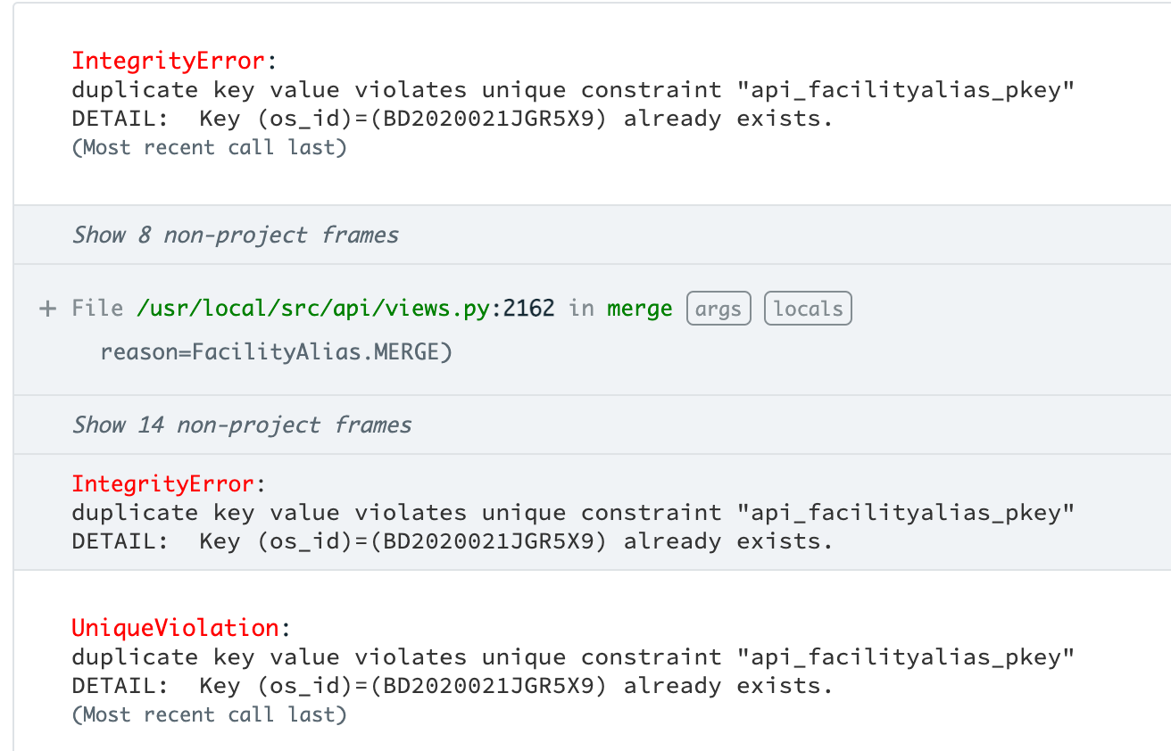 Unhandled integrity error when attempting to merge a facility when an alias already exists ...