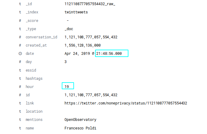 Elasticsearch calculation for HOUR and Day · Issue #401 · twintproject/twint · GitHub