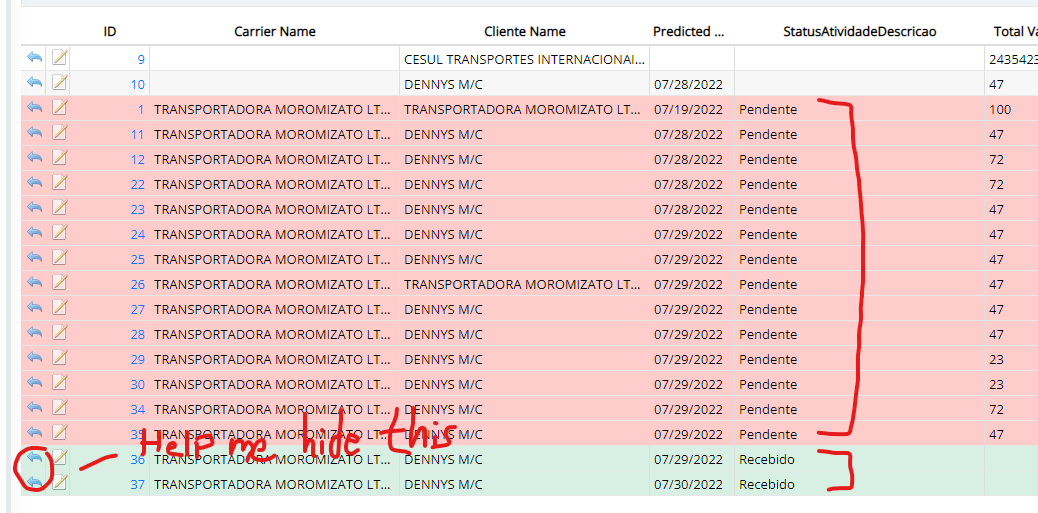 How do I hide specific cells from specific rows depending on the row's condition on the grid ...