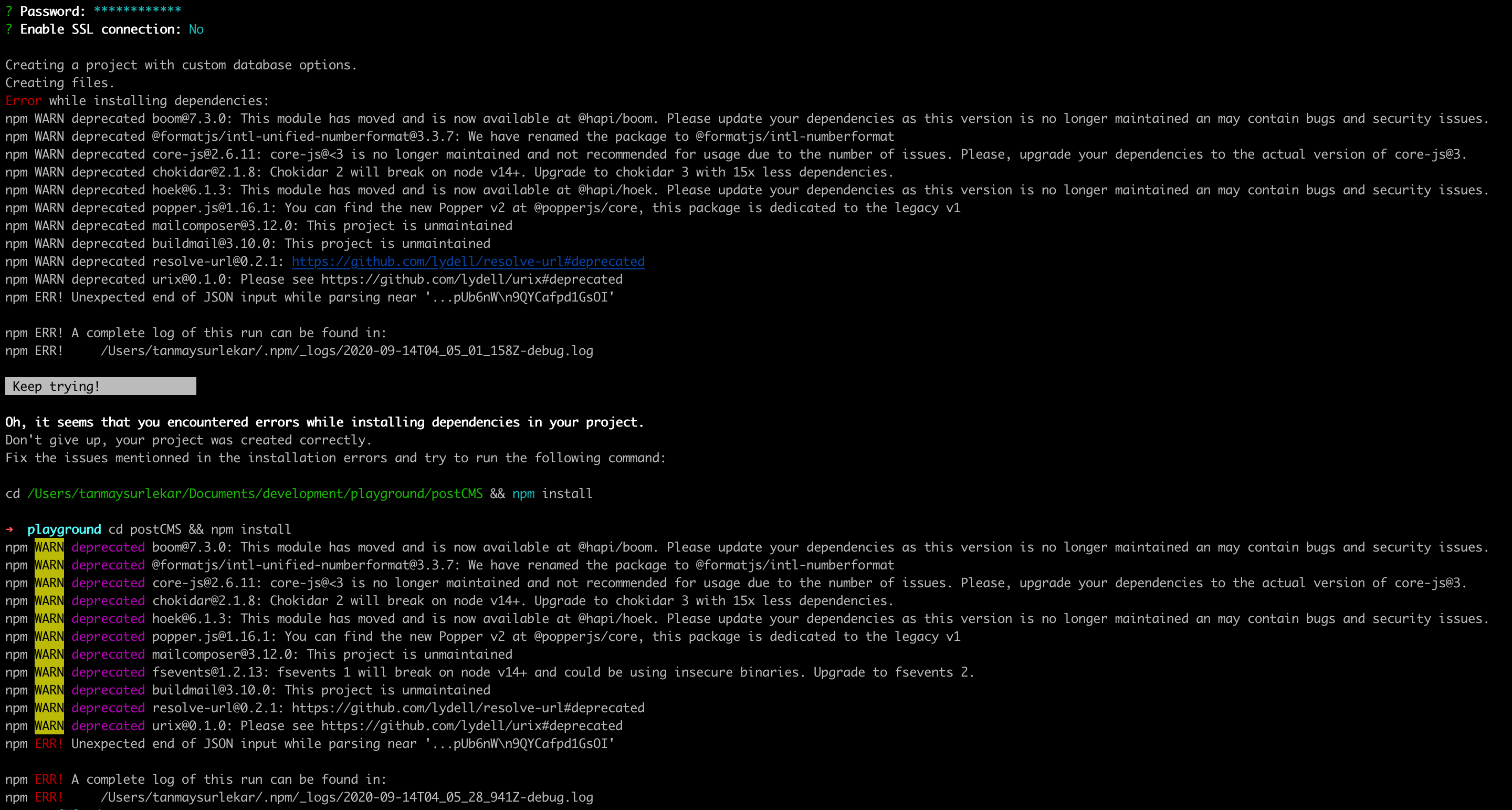 Unable to run strapi project v3.0 due to npm warning on deprecation on packages · Issue #7882 ...