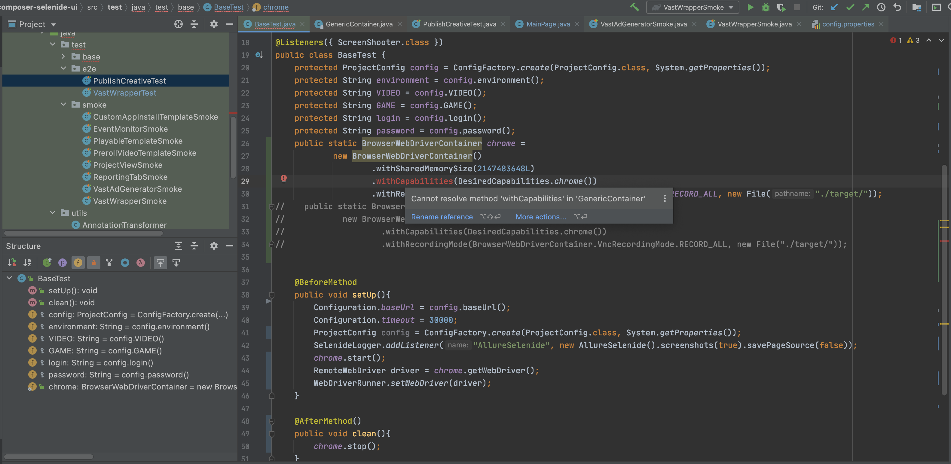 Failing to run testcontainers with selenide using Testng @BeforeMehtod ...