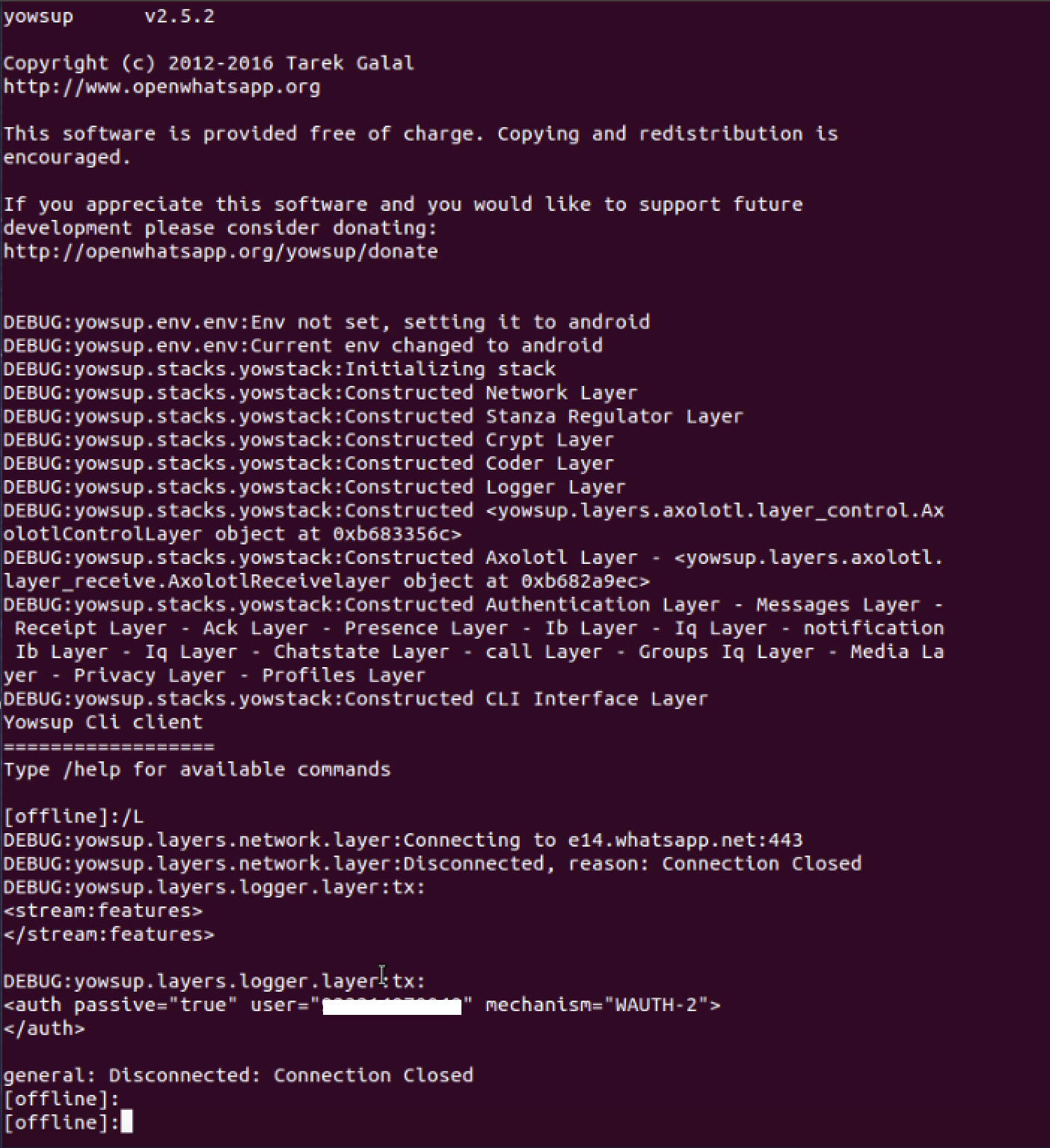 Disconnected, reason: Connection Closed · Issue #2061 · tgalal/yowsup · GitHub