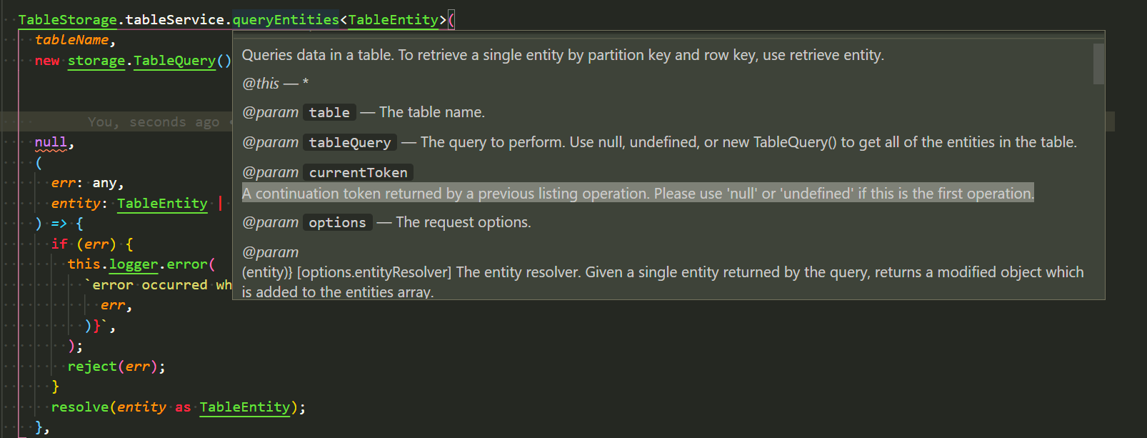 TableStorage.tableService.queryEntities: not able to pass null or undefined for currentToken ...