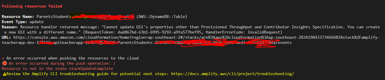Error: Cannot update GSI's properties other than Provisioned Throughput and Contributor Insights ...