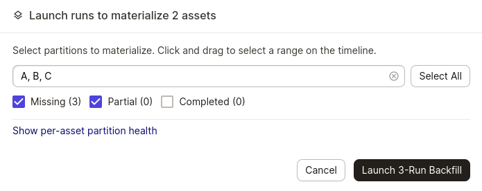 Visual Partition Selector And Asset Health Visualization On Materialize Dialog Not Appearing
