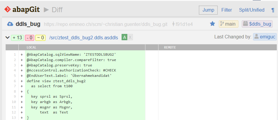 Diff/Patch: CDS-View incorrectly marked as binary · Issue #5057 · abapGit/abapGit · GitHub