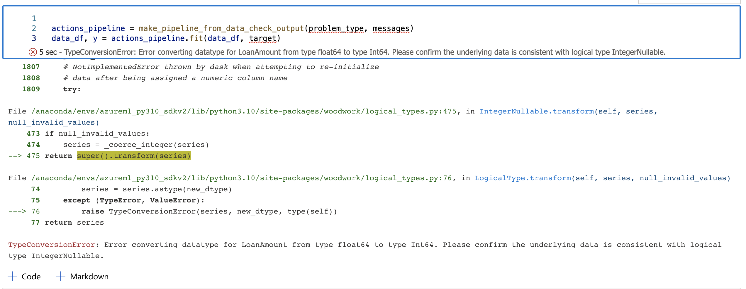 Error while running make_pipeline_from_data_check_output while applying data checks suggestion ...