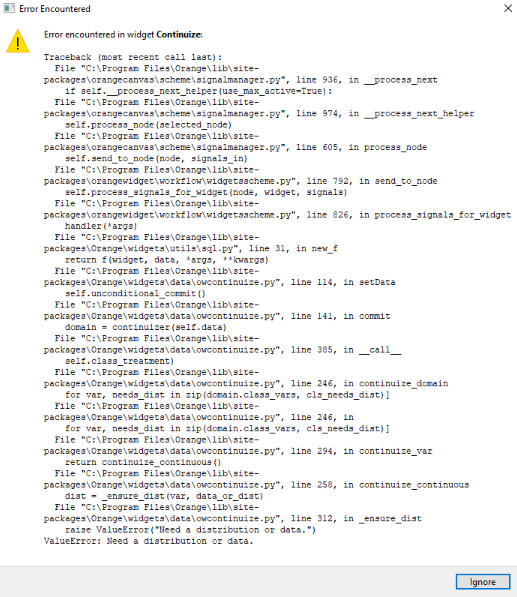 Continuize ValueError: Need a distribution or data. · Issue #4801 · biolab/orange3 · GitHub