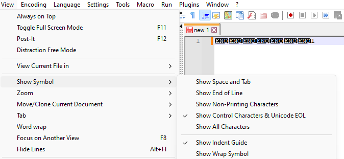 consider showing non-printing characters even when "show all characters ...