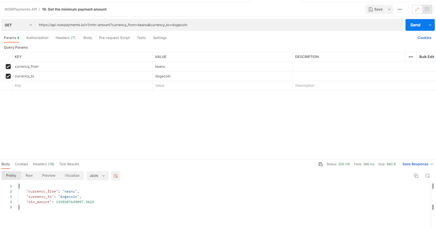 The getMinimumPaymentAmount(params) method is not sending the specified params/currencies ...