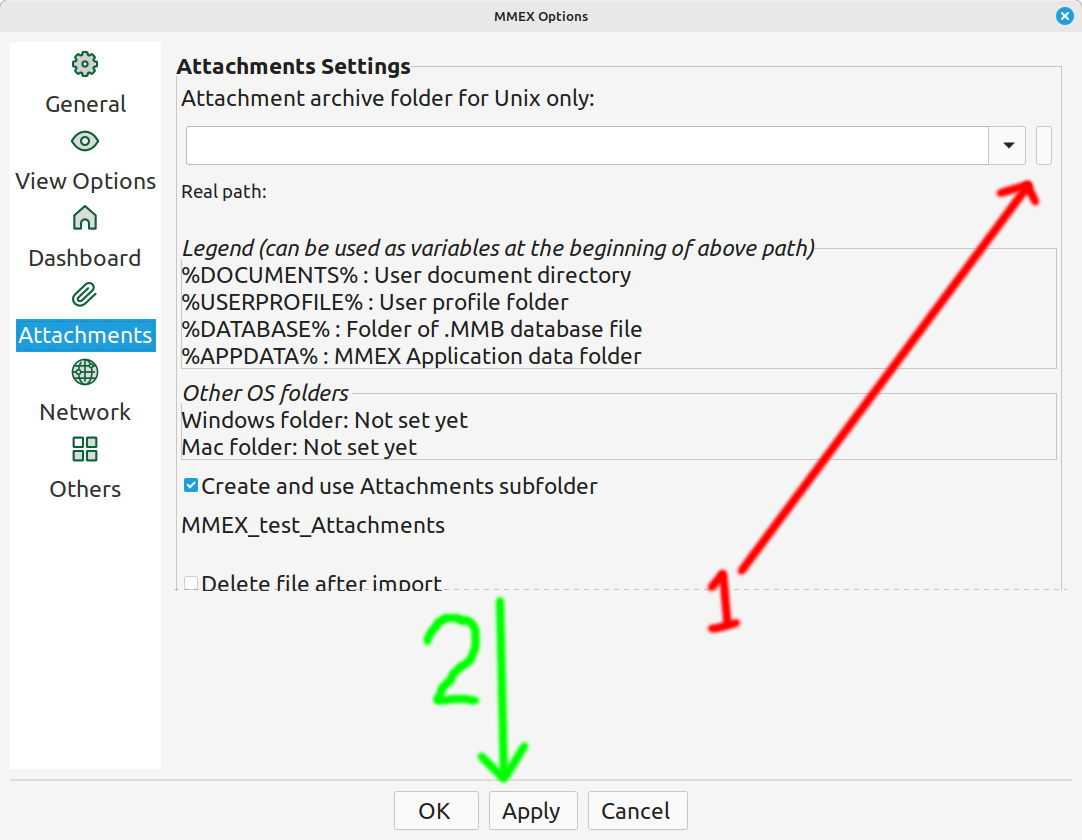 MMEX Options, Attachments: Button very narrow; section expanded to the ...