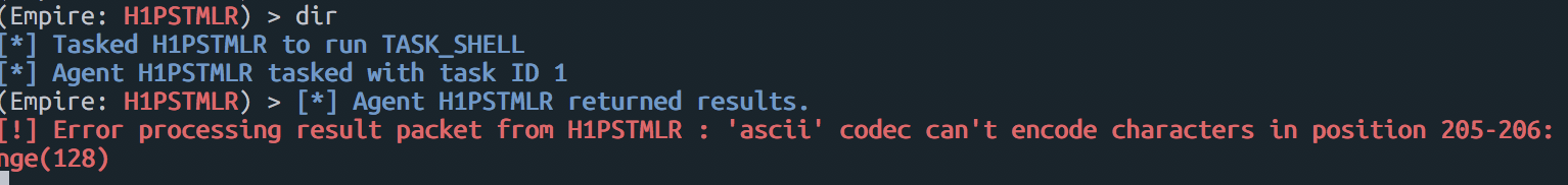 Agent Result text(message), python unicode Error · Issue #1114 · EmpireProject/Empire · GitHub
