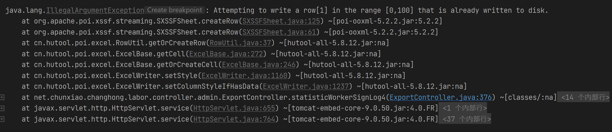 导出Excel，使用 BigExcelWriter 数据超过100行无法单独设置两列的时间格式。 · Issue #2911 · chinabugotech/hutool · GitHub