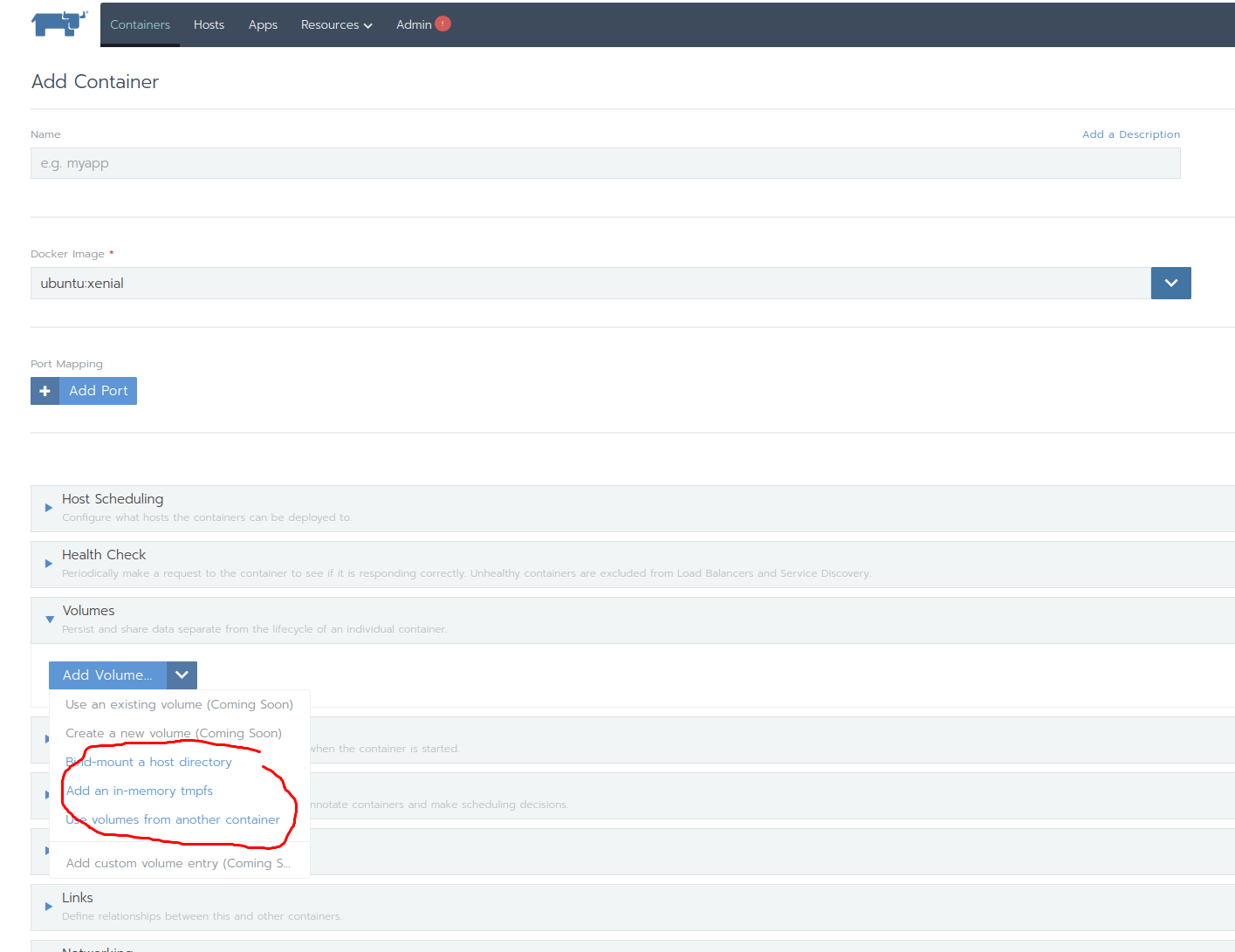 When Creating A Docker Container In Rancher 20 I Cannot Add A Volume Using The Add Volume