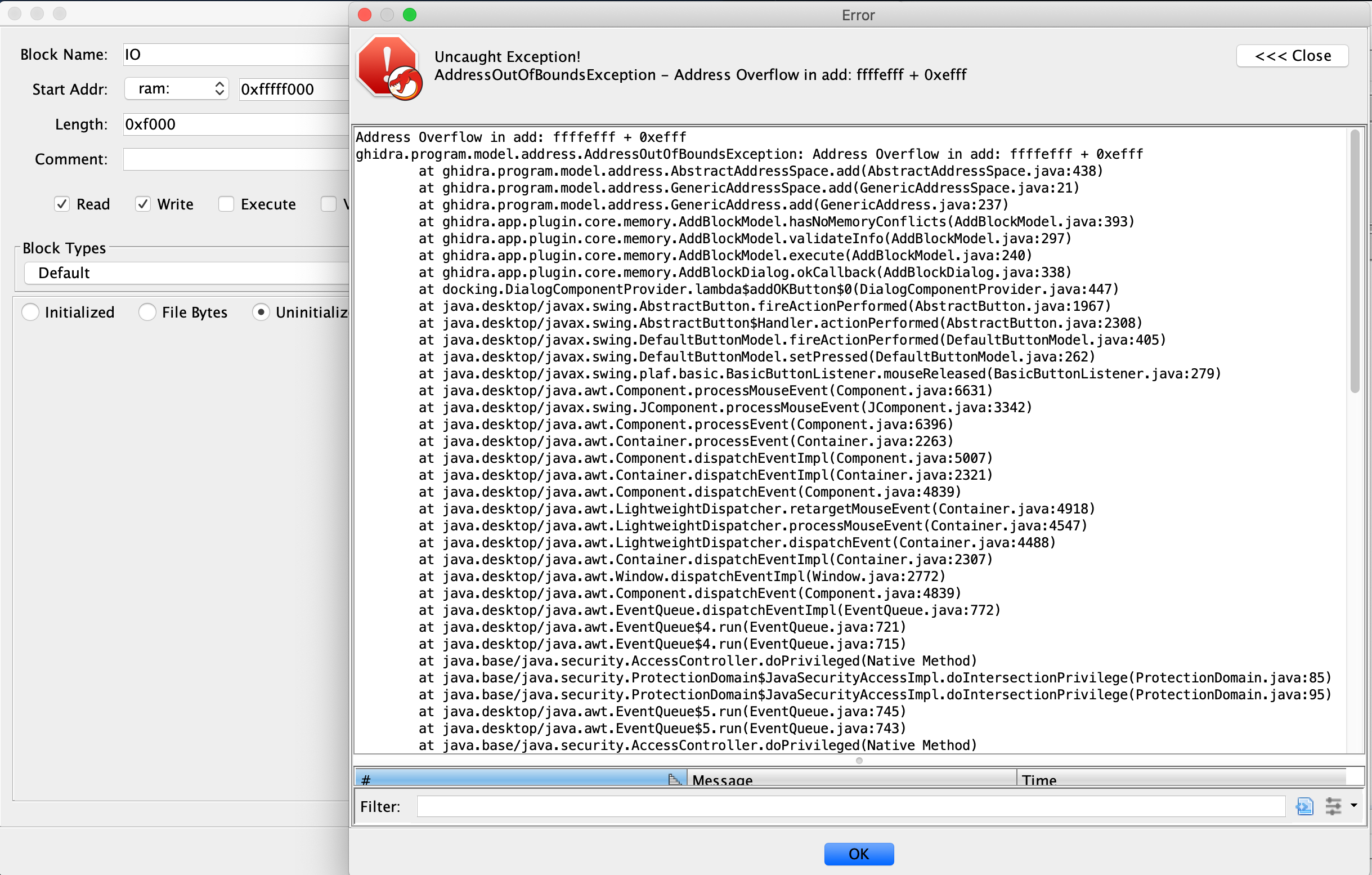 Uncaught Exception, AddressOutOfBoundsException: Address Overflow in add: ffffefff + 0xefff ...