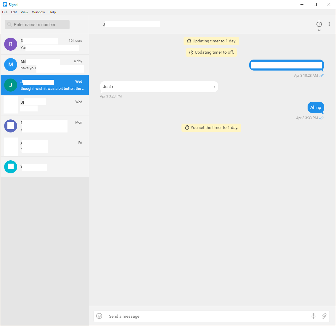 Latest message preview in the left contacts panel shows expired message ...