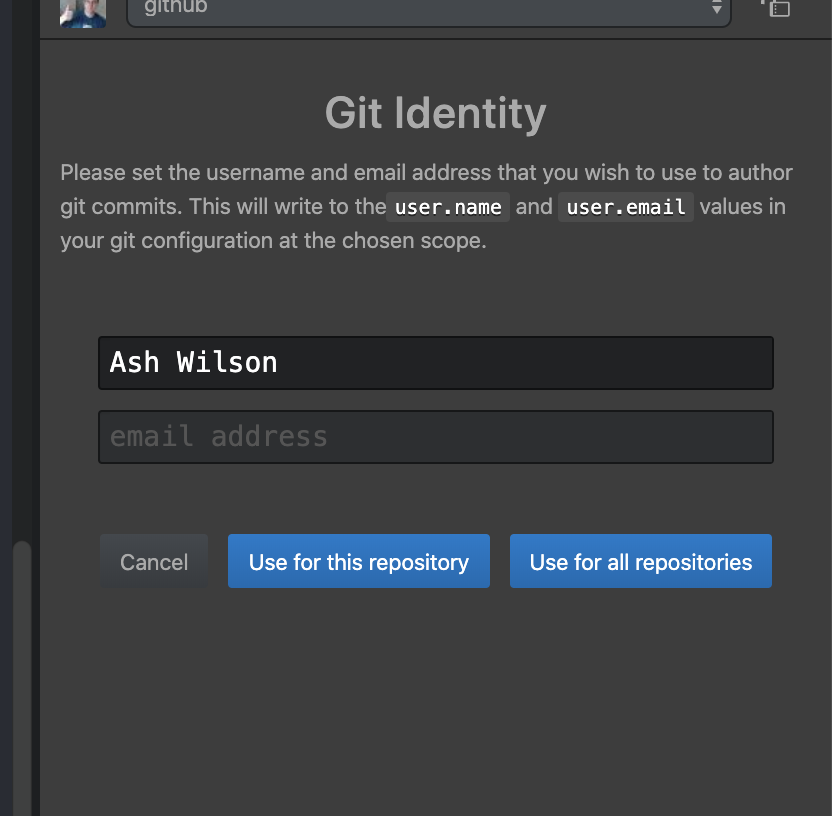 Git identity pane typing email/login text editor bug · Issue #2594 · atom/github · GitHub