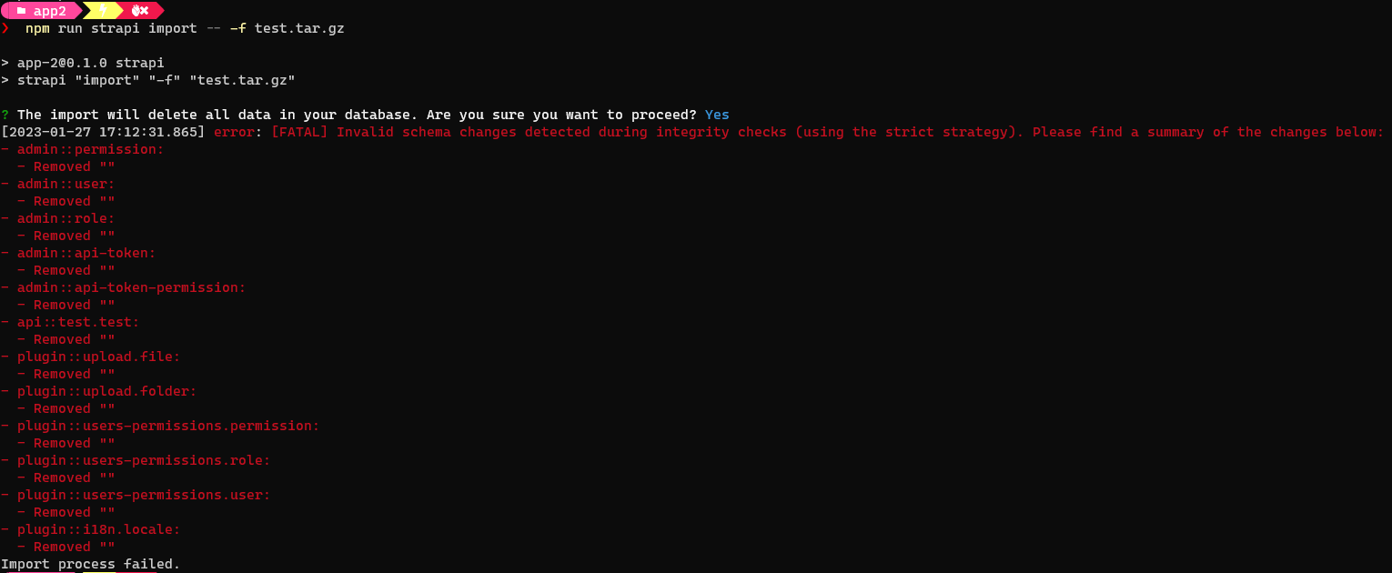 Fatal error on import: Invalid schema changes detected during integrity ...