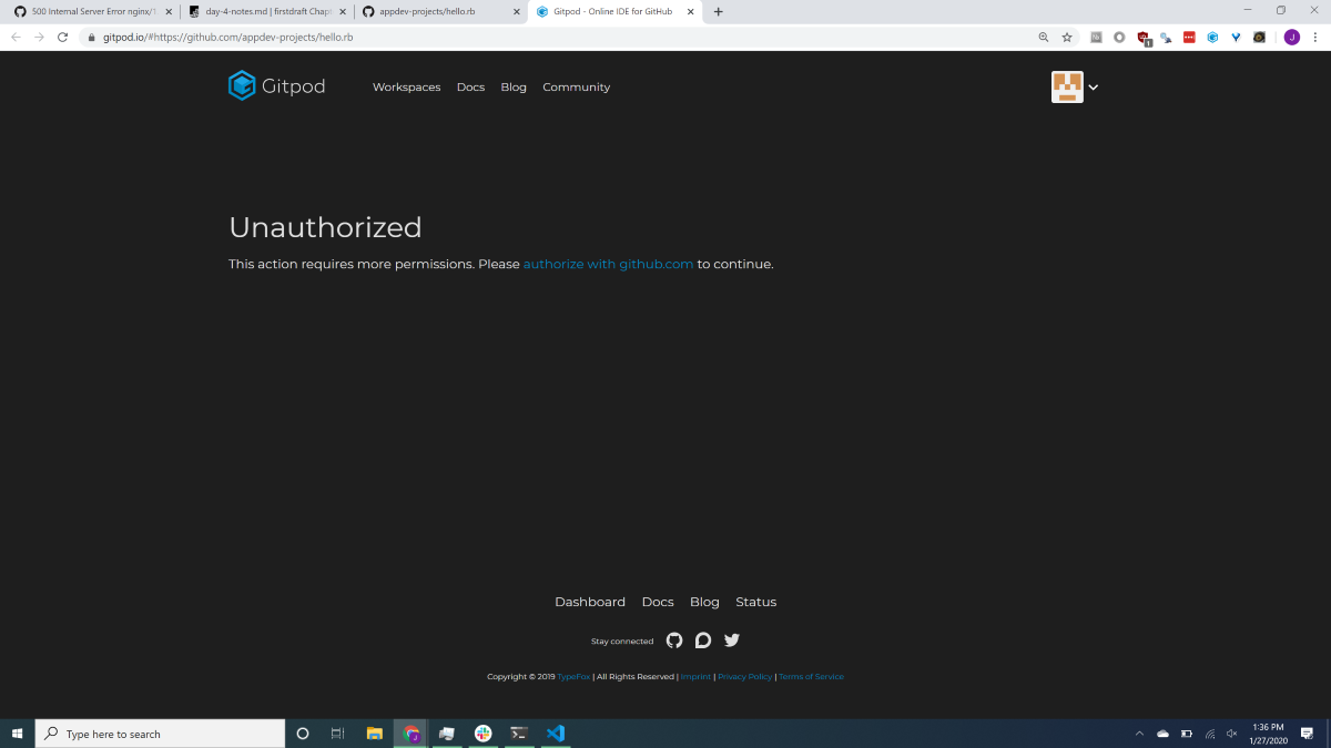 Unable to log into Gitpod workspaces; am getting "Sorry, something went wrong 😓 Error 504" in ...