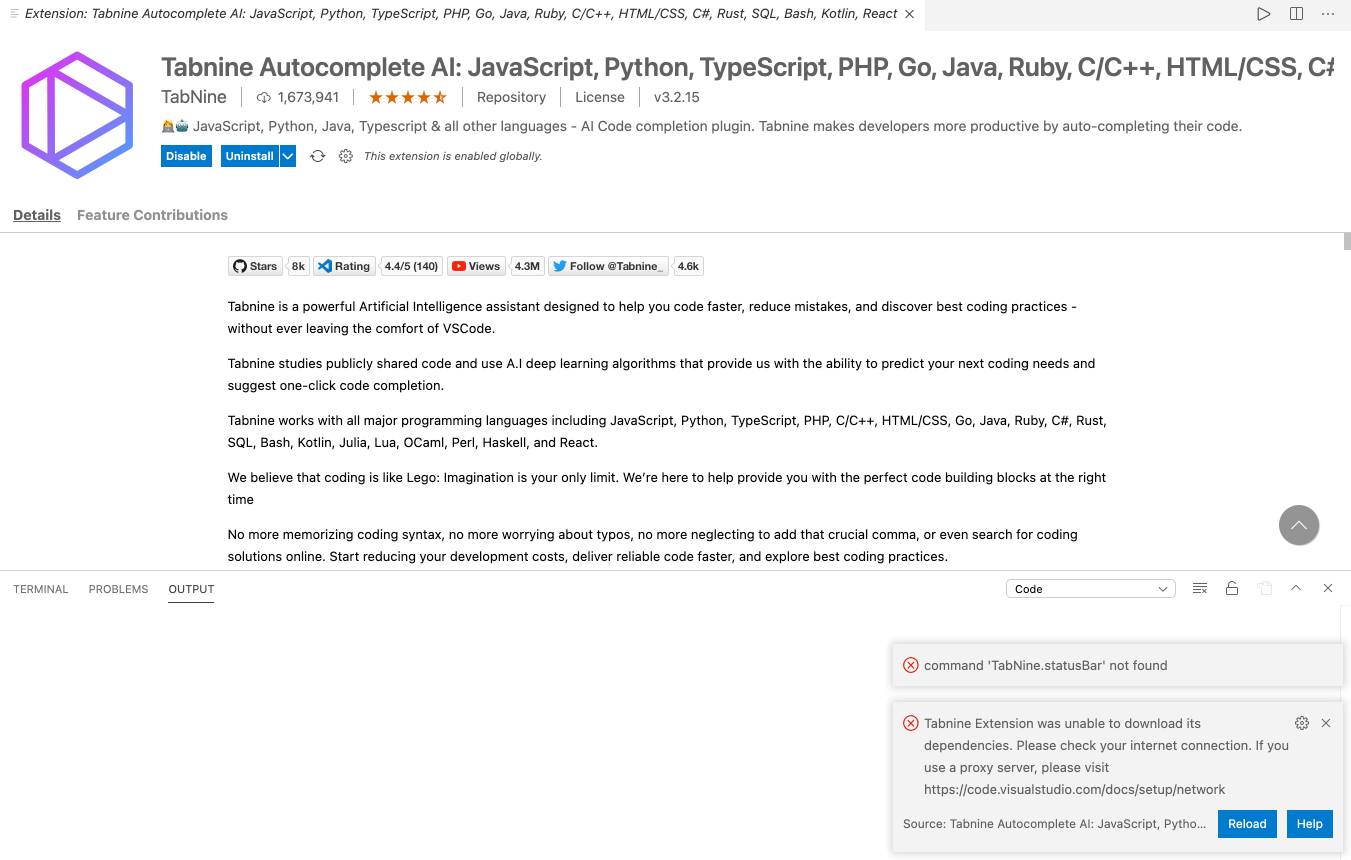 Tabnine Extension was unable to download its dependencies · Issue #446 · codota/tabnine-vscode ...