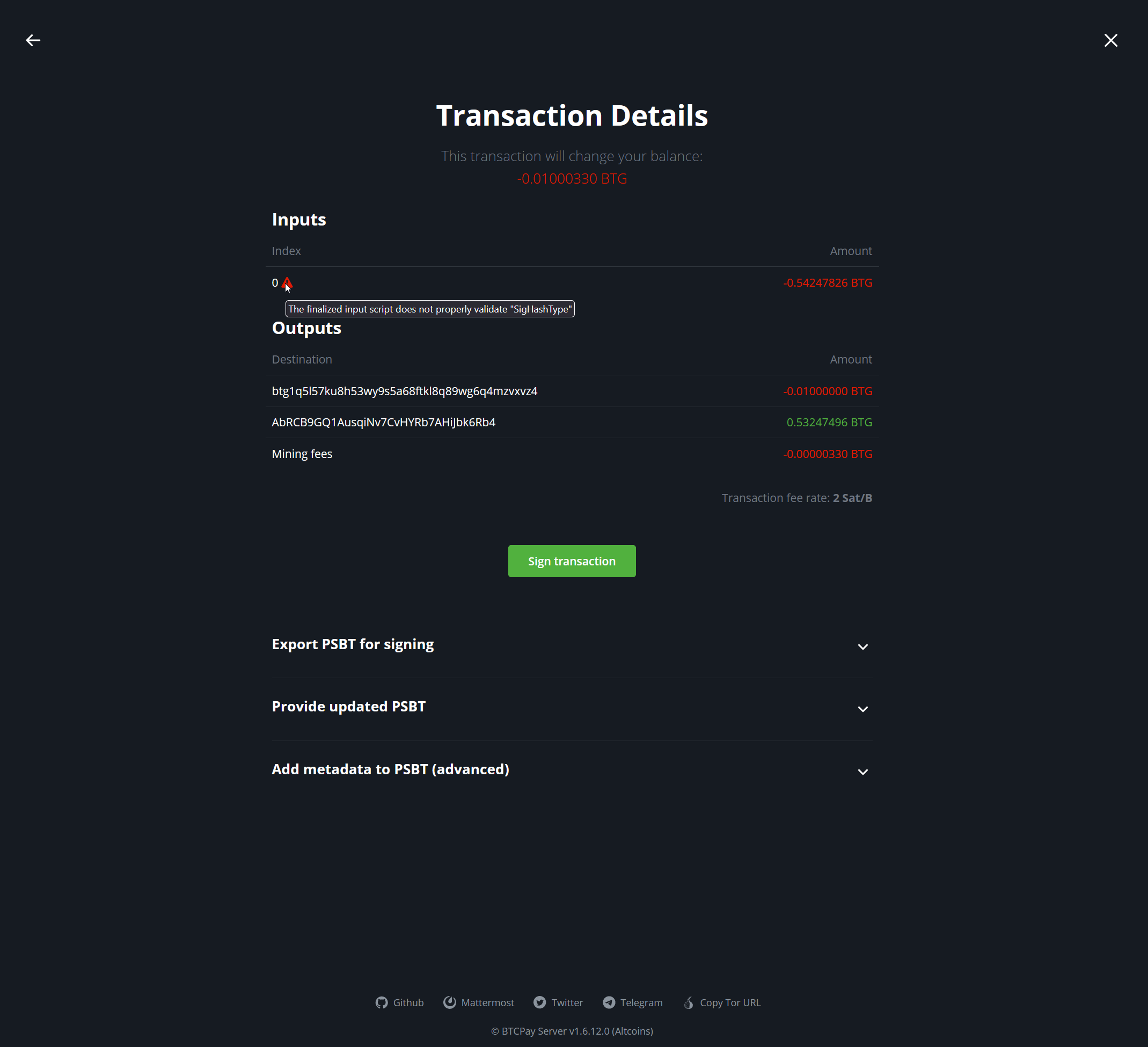 [Bug]: Cannot send transaction BTG(Bitcoin Gold) · Issue #4212 · btcpayserver/btcpayserver · GitHub