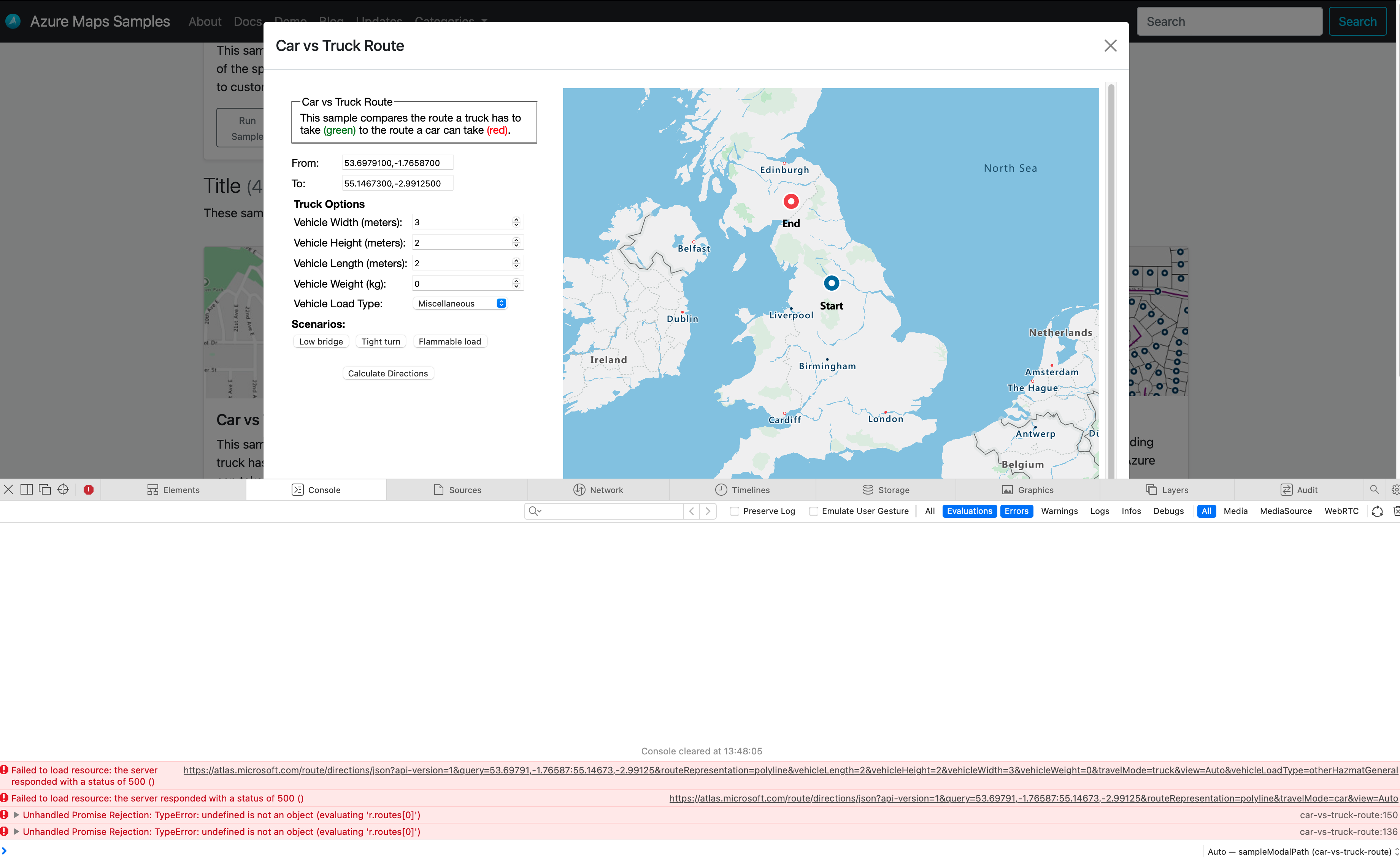 Truck route calculation not working · Issue #80 · Azure-Samples/AzureMapsCodeSamples · GitHub
