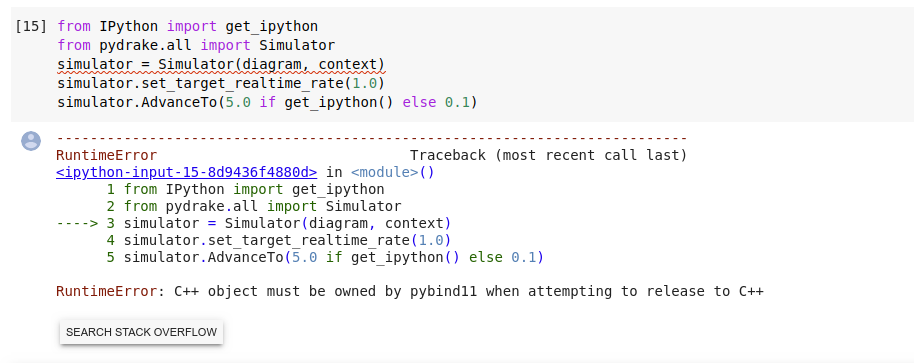 Unhelpful pydrake error when reassigning a Simulator · Issue #14016 · RobotLocomotion/drake · GitHub