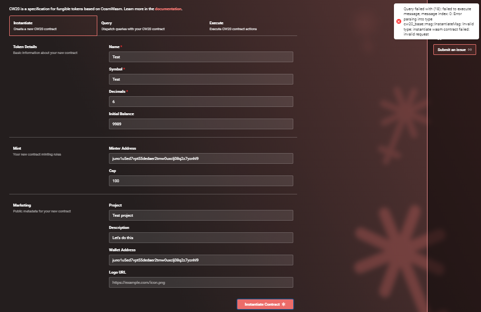 Got error when instantiating cw20 · Issue #175 · CosmosContracts/juno-tools · GitHub