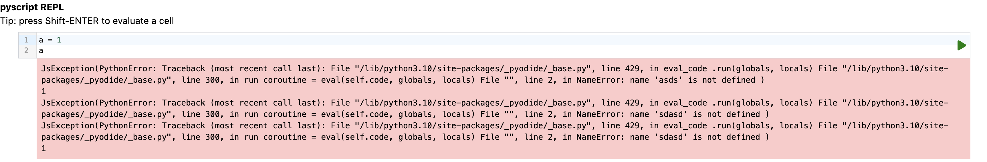 [BUG] Sane output shows up in error box · Issue #358 · pyscript/pyscript · GitHub