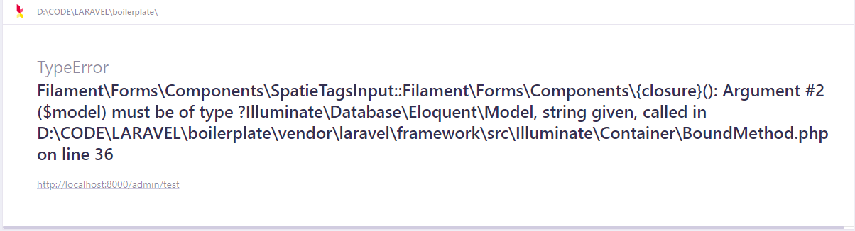SpatieTagsInput error when Registering a model class · Issue #726 · filamentphp/filament · GitHub
