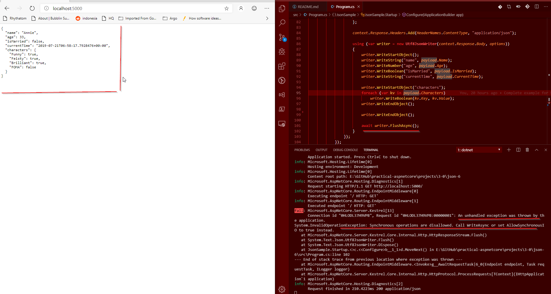 Utf8jsonwriterflushasync Triggers Systeminvalidoperationexception Synchronous Operations Are 9157