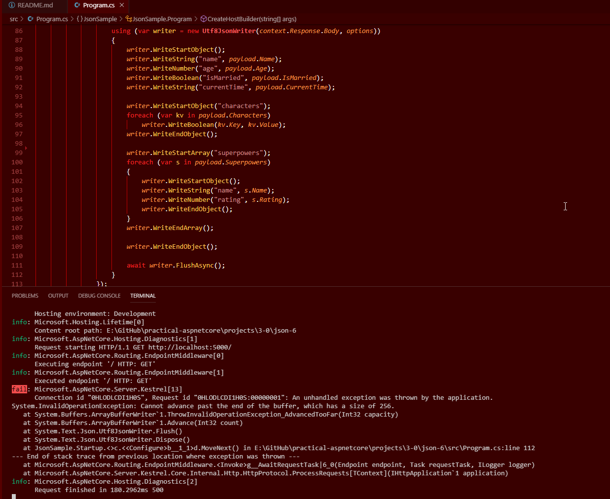 Utf8JsonWriter throws `System.InvalidOperationException: Cannot advance past the end of the ...