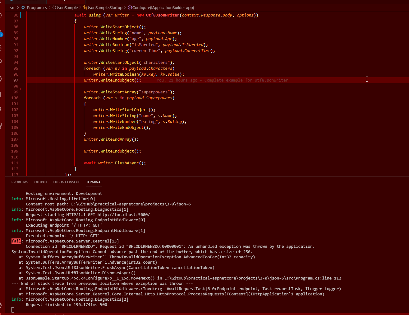 Utf8JsonWriter throws `System.InvalidOperationException: Cannot advance past the end of the ...