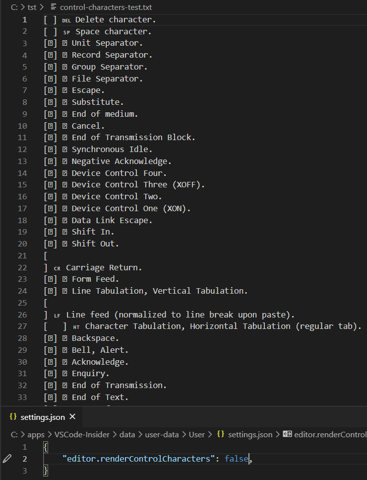 Delete Control Character (U+007F / ) displayed as space · Issue #119416 ...
