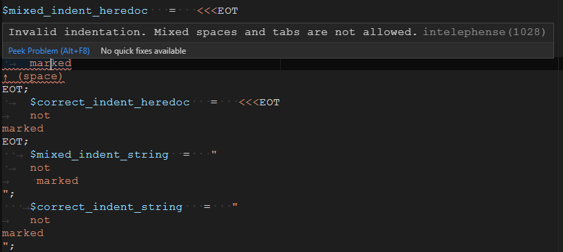 heredoc "Unexpected indentation level." error reported for mixed ...