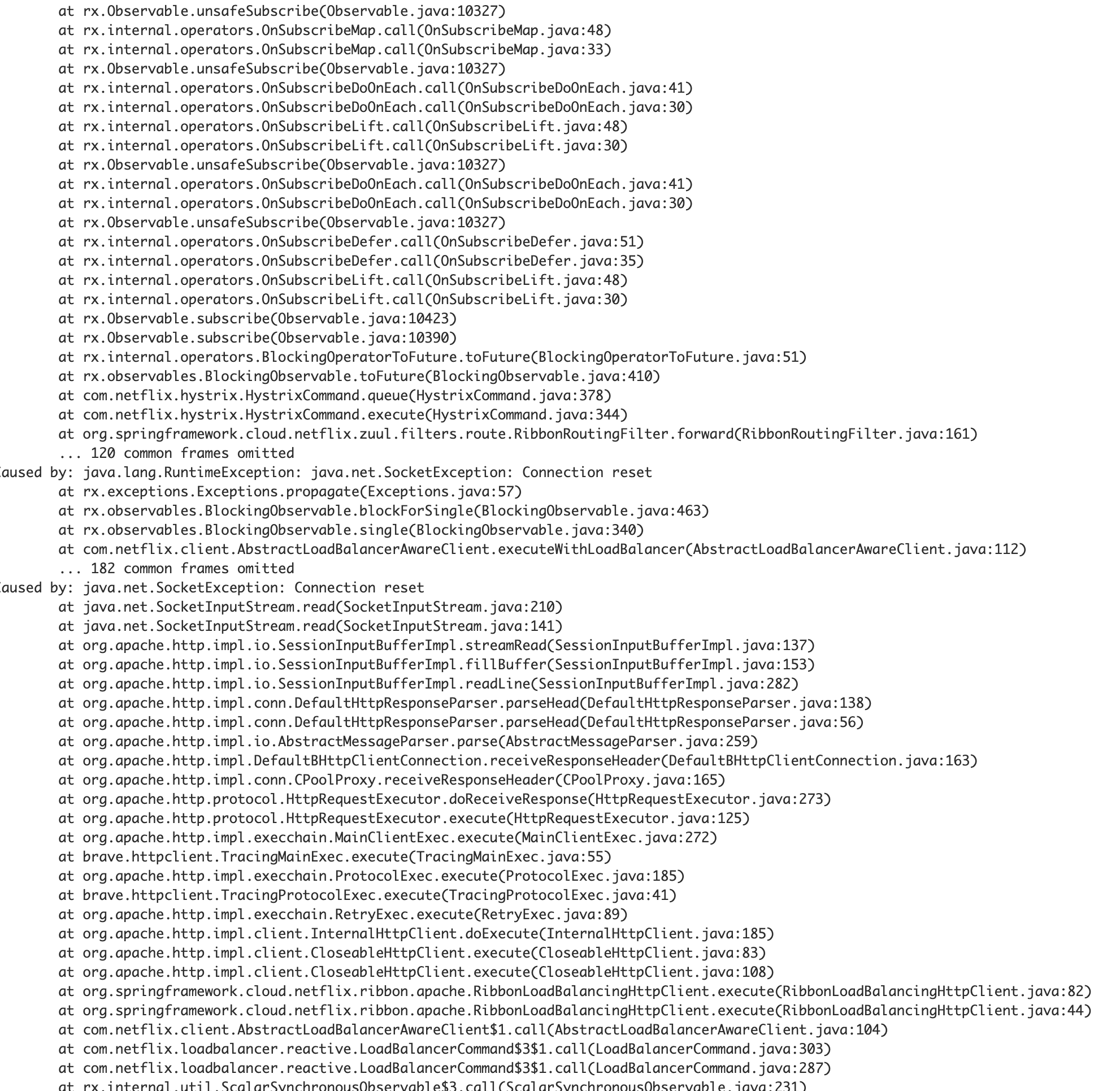 org.springframework.cloud.netflix.zuul.util.ZuulRuntimeException: java.net.SocketException ...