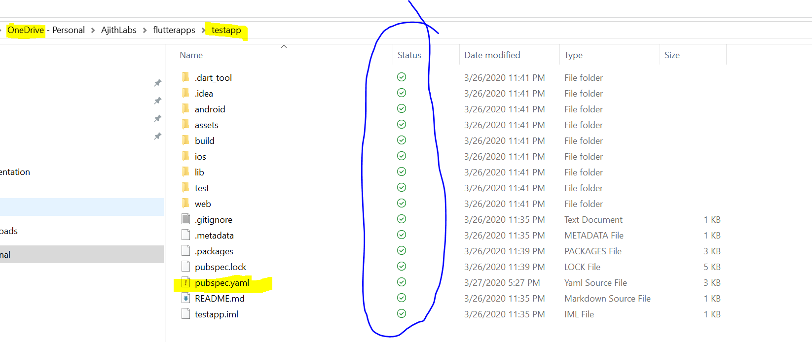 When app is in OneDrive directory "flutter pub get" returns Error: No pubspec.yaml file found ...