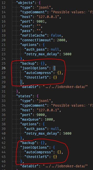 Default values in iobroker.json settings editor break jsonl features ...