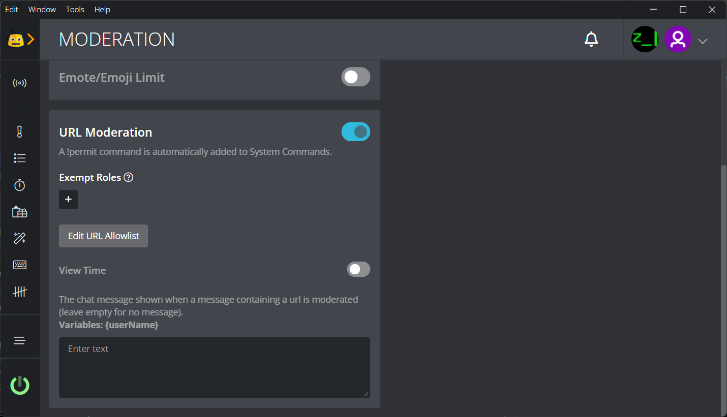 feat: Add URL moderation allowlist by zunderscore · Pull Request #1685 · crowbartools/Firebot ...