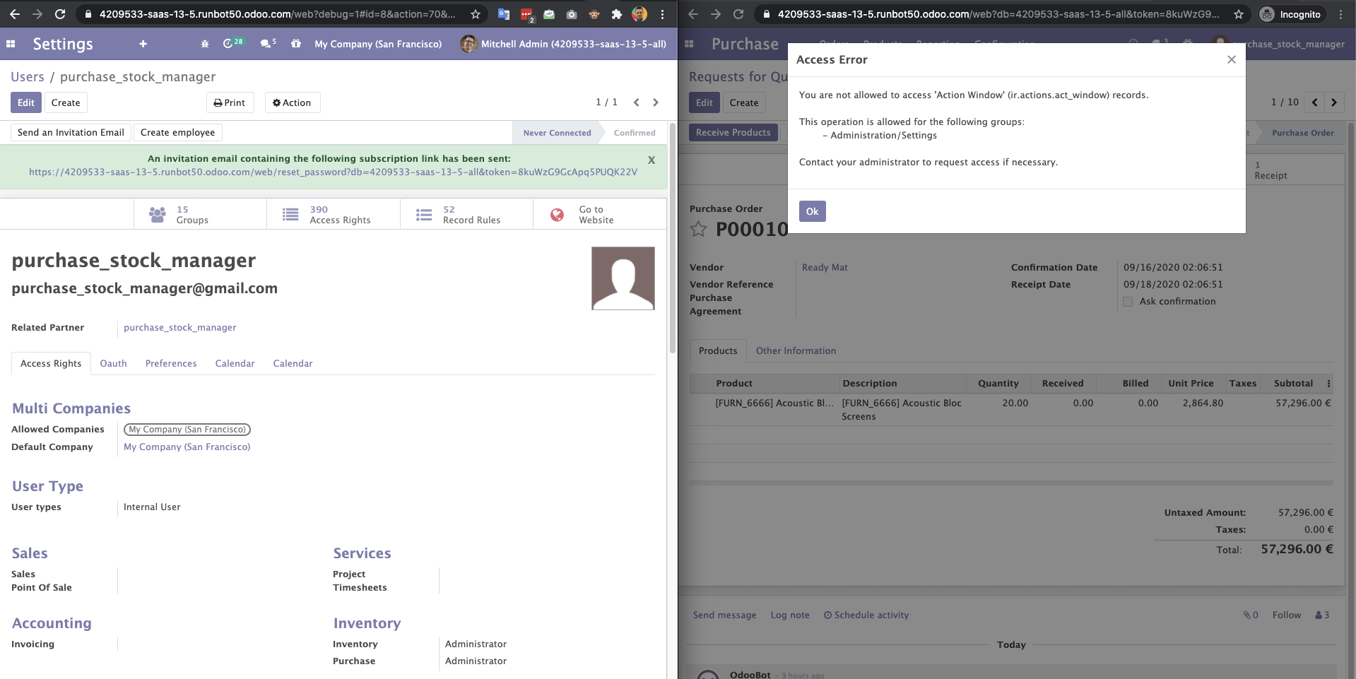 Purchase & Inventory Administrator cannot use the button "Receive Products": Access Error on ...