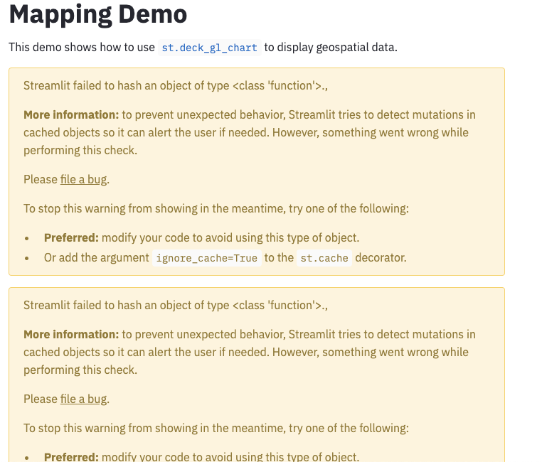 Mapping Demo Does Not Work · Issue 342 · Streamlit Streamlit · Github